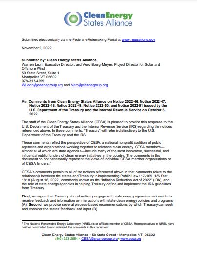 CESA Comments to Treasury on the Role of State Agencies in IRA ...