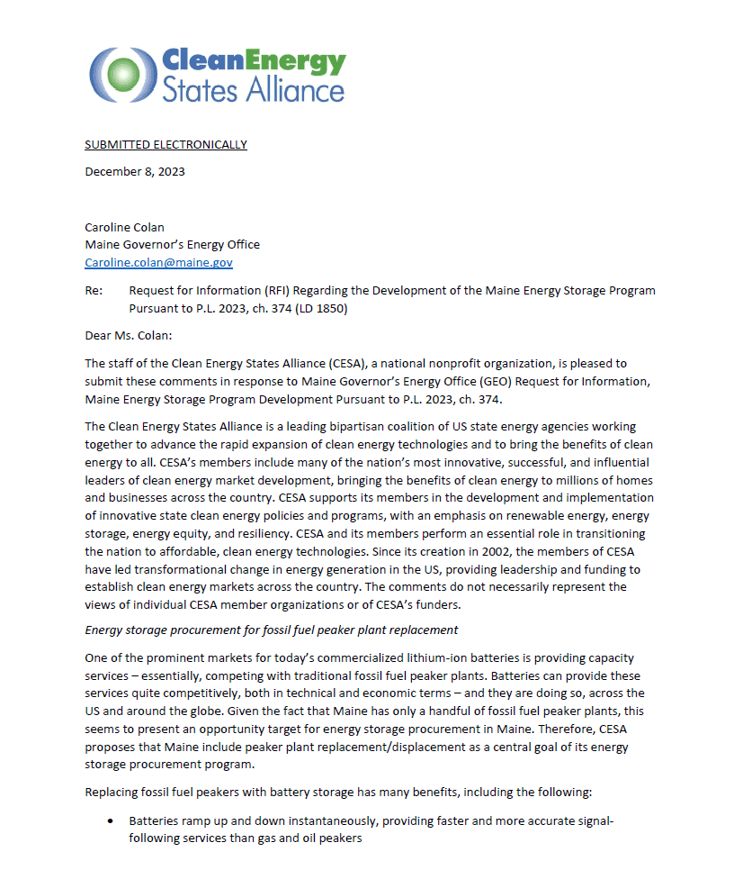 Comments Regarding the Development of the Maine Energy Storage Program ...