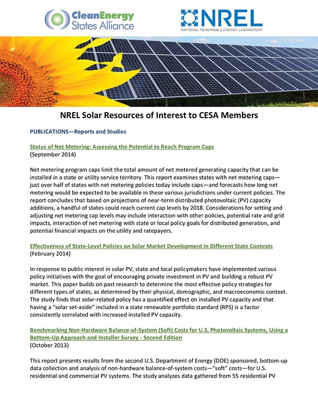 NREL Solar Resources of Interest to CESA Members - Clean Energy States ...