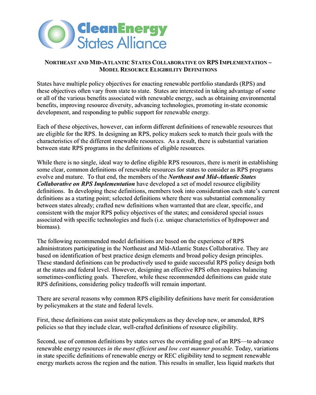 Northeast and Mid-Atlantic States Collaborative on RPS Implementation ...